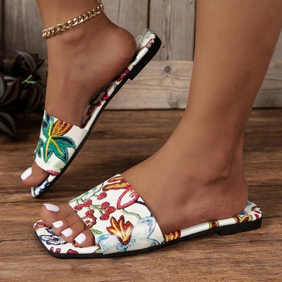 Shoes | Multicolor Floral Pattern Square Toe Slide Sandals | Poshmark